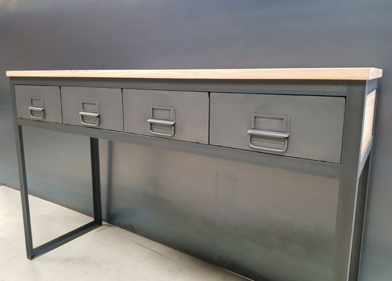 Console style industriel acier bois sur-mesure avec tiroirs.
